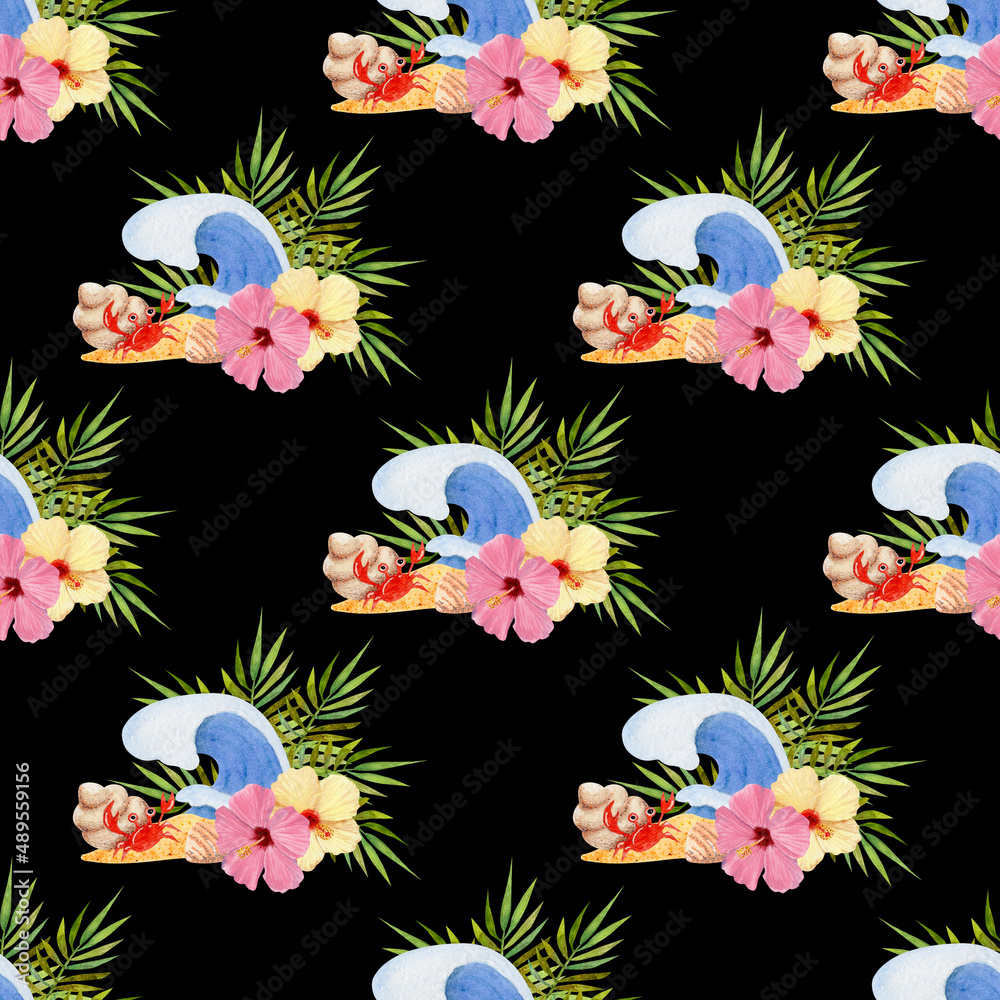 Watercolor seamless pattern with tropical beach illustration on ...