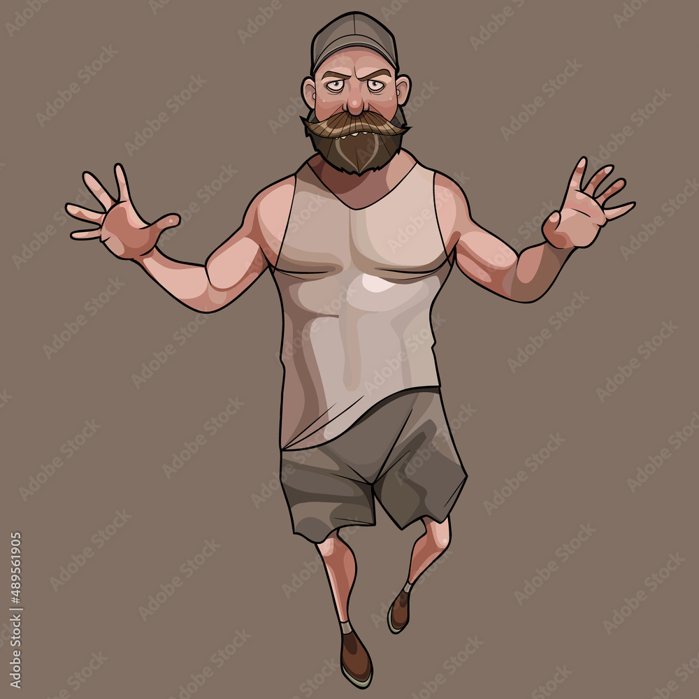 cartoon gloomy bearded man steps with his arms outstretched to the ...