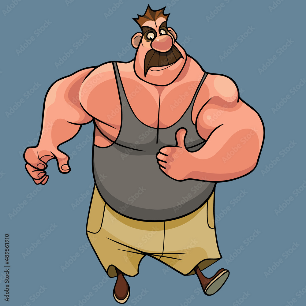 cartoon mustachioed muscular man bodybuilder in tank top showing thumbs ...