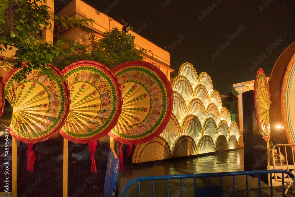 KOLKATA , INDIA - SEPTEMBER 28, 2017 : Night image of decorated Durga ...