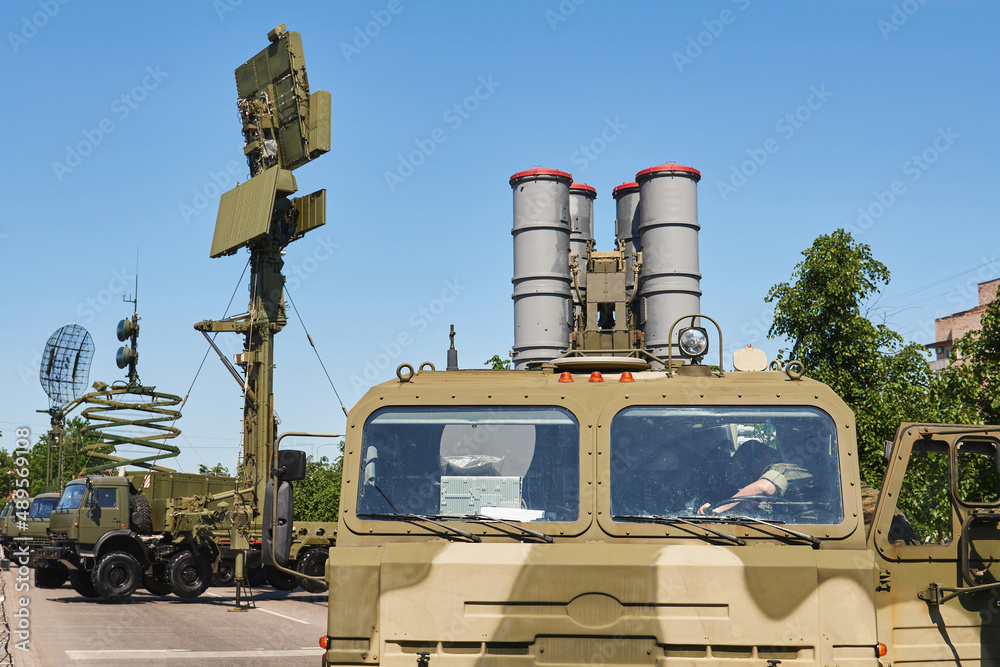 cockpit of a military vehicle with a combat-ready anti-aircraft missile ...