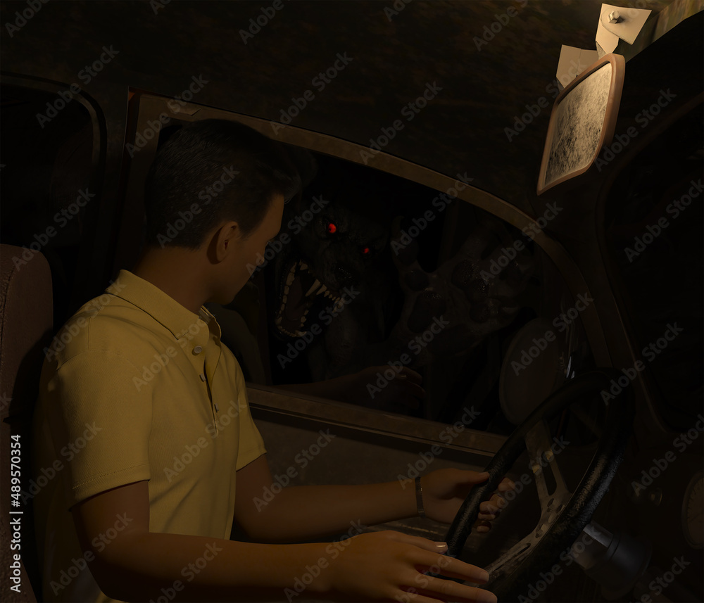 Young man in car looking out his window to see a Werewolf Dogman ...