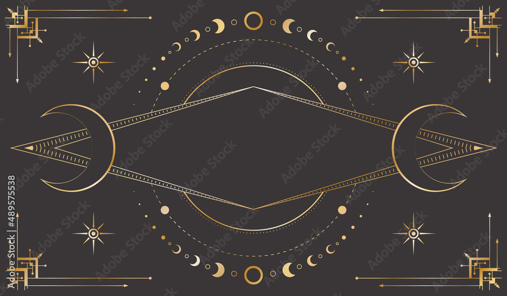 Vector celestial background with ornate geometric frame, stars, moon ...