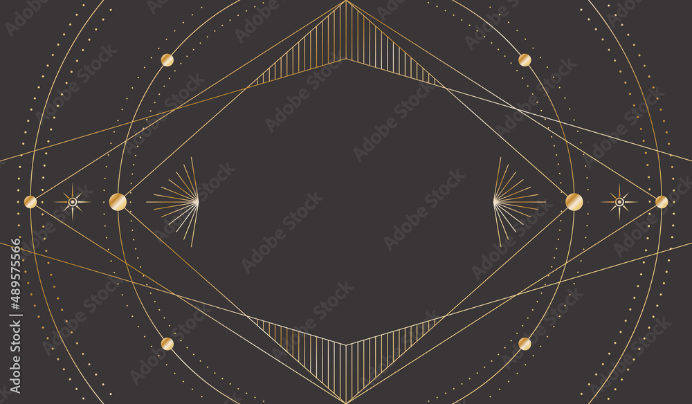 Vector mystic dark celestial background with golden outline frame ...