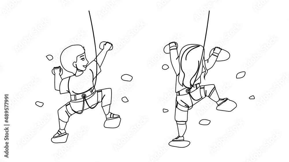Vecteur Stock Boy And Girl Children Climbing Together Black Line Pencil ...