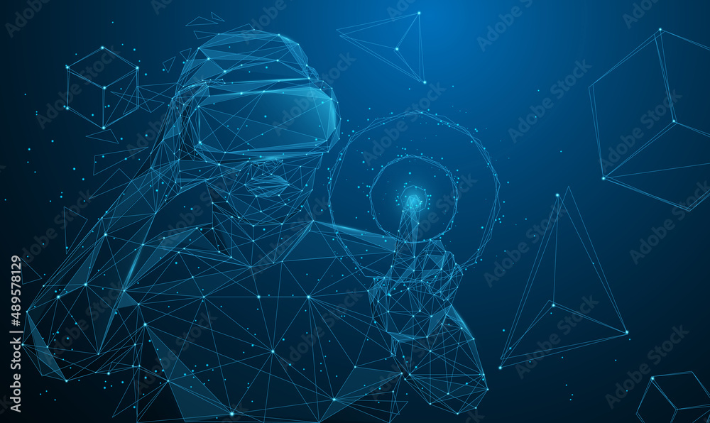 Man wear virtual reality VR goggle on metaverse digital cyber world ...
