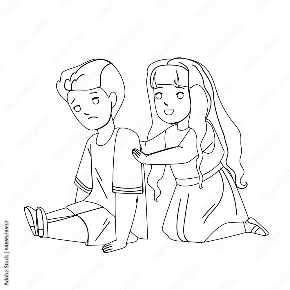 Kids Empathy Upset Friend In Kindergarten Black Line Pencil Drawing ...