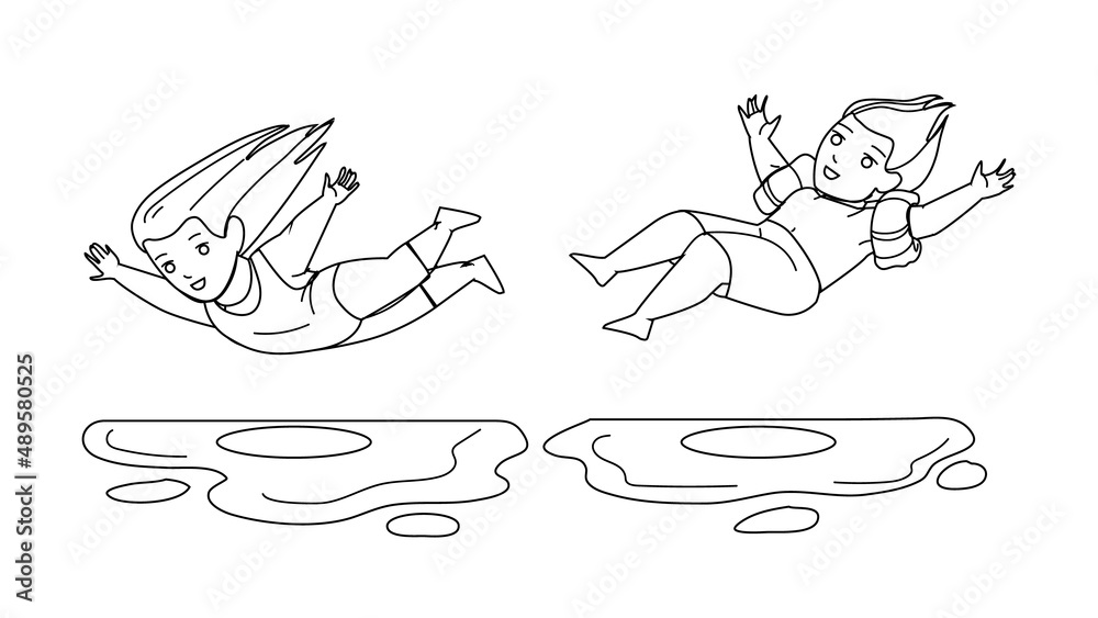 Boy And Girl Children Jumping Into Water Black Line Pencil Drawing ...