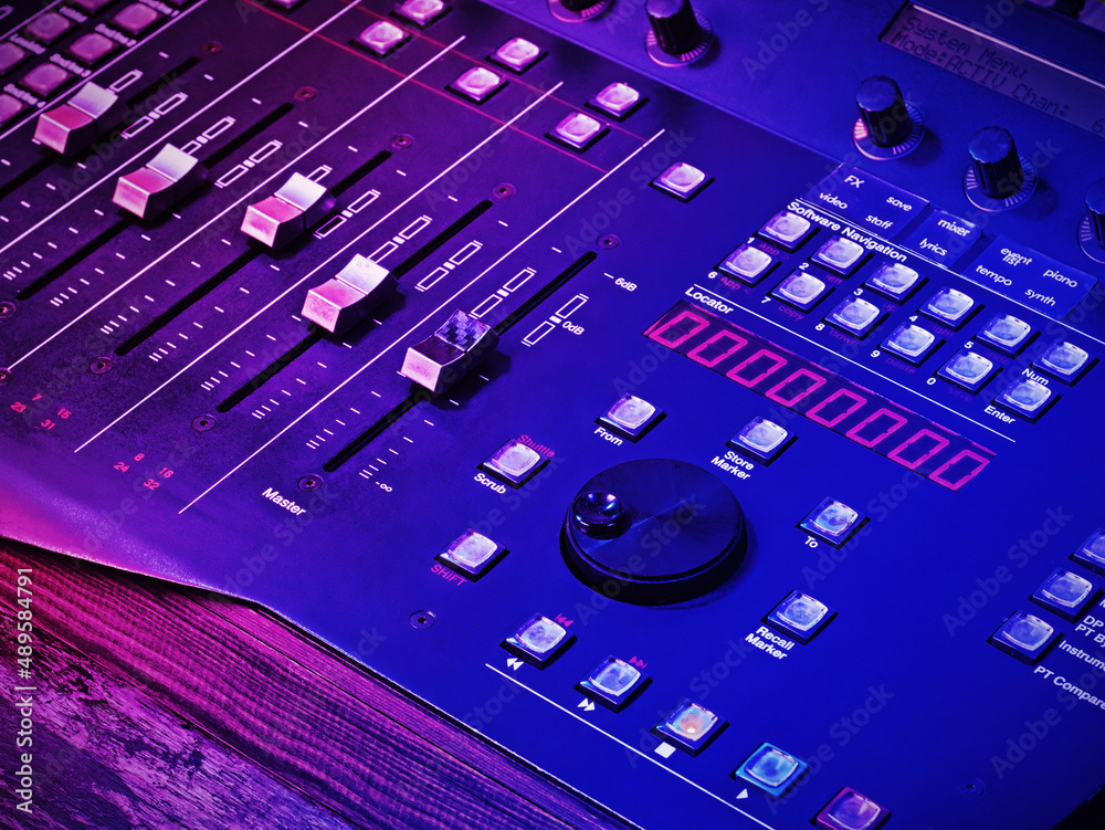Broadcast console, generic prduction template. Close up shot at the ...
