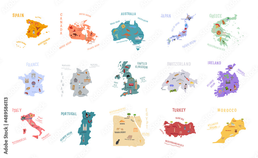 Collection of maps of countries with main attractions in flat style ...