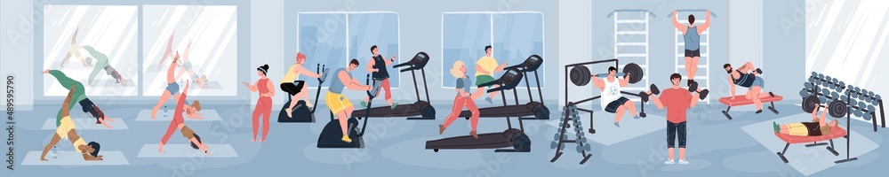 Vector flat cartoon characters enjoy various sport activities at ...