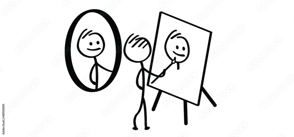 Self-portrait and easel. Stickman, stick figures man draws itself from ...