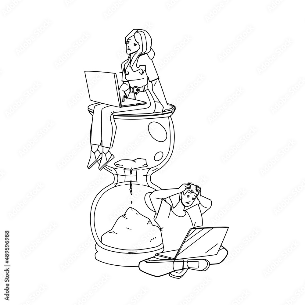 Deadline Missing Boy And Girl Employees Black Line Pencil Drawing ...