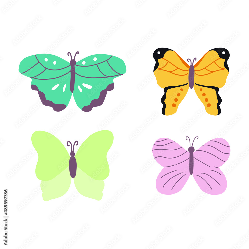 Butterfly set. Colorful cartoon vector illustration. Hand drawn spring ...