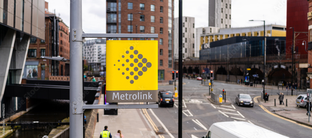 Metrolink sign for city centre tram station in Manchester UK Stock ...