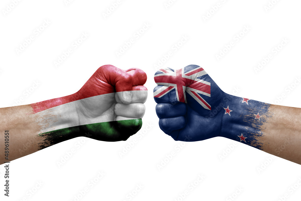 Two hands punch to each others on white background. Country flags ...