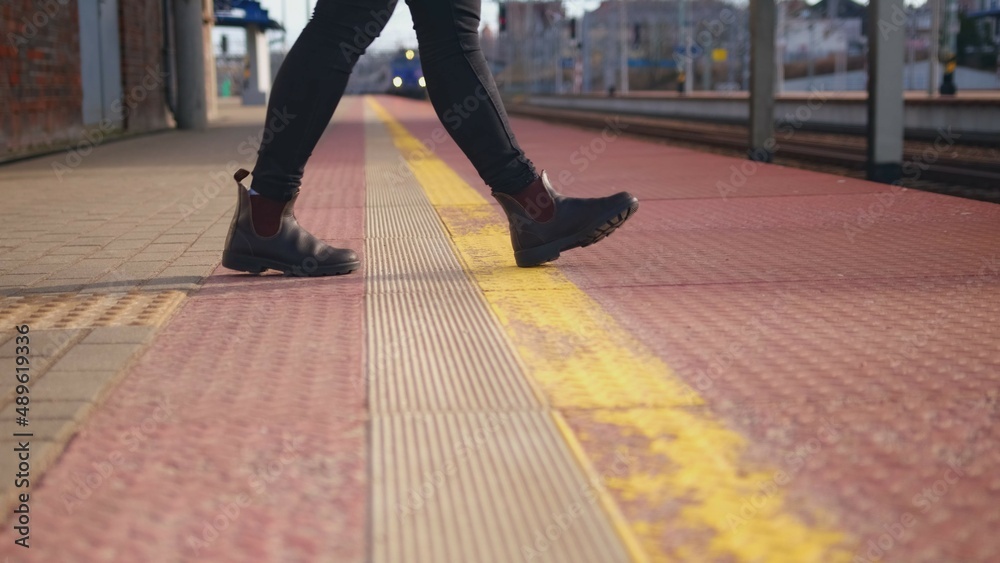 Cautious Woman in Leather Shoes Standing on Railway Station Stepping ...