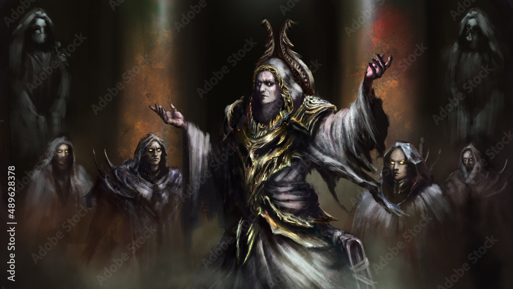 A group of cultists perform a ritual in a dark dungeon, they have pale ...