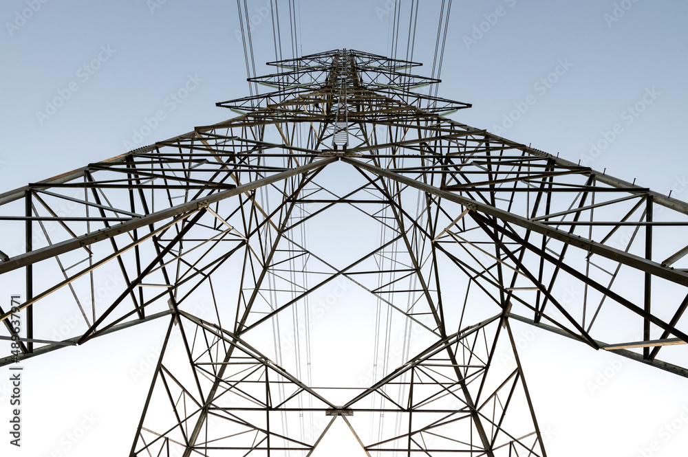 Abstract structure high voltage transmission tower on sky background ...
