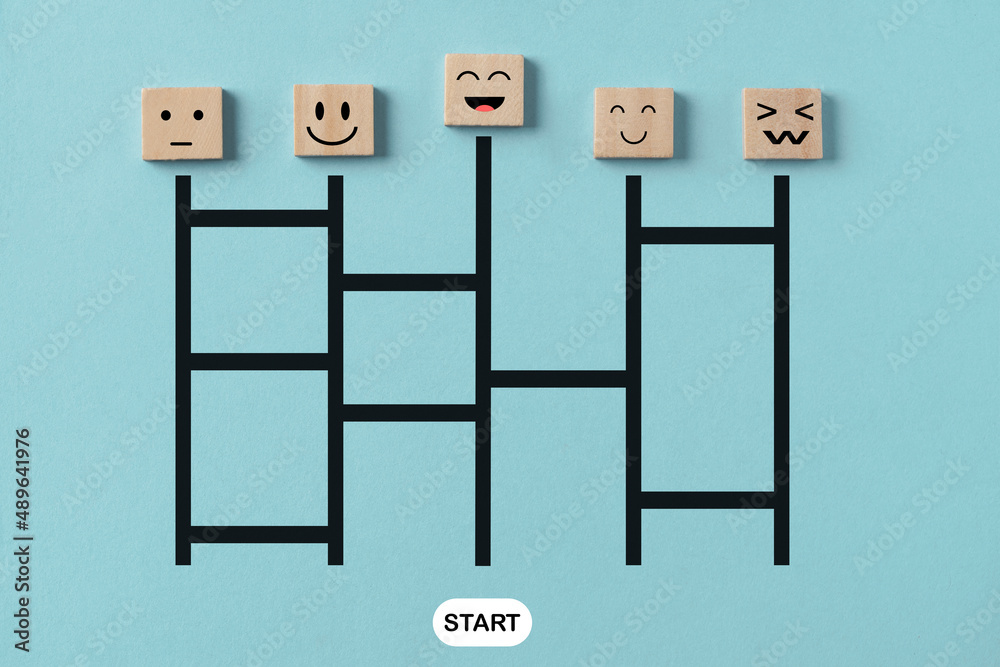 Start of ladder lottery to Happy smile face emoticon icons on Wooden ...
