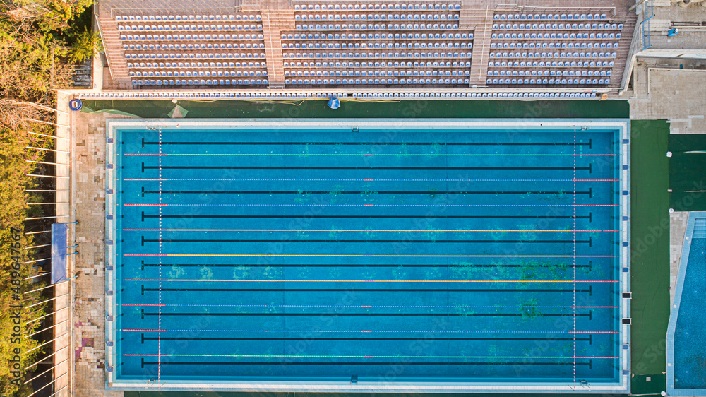 Top view, bird eye view of swimming pool with marked lanes and starting ...