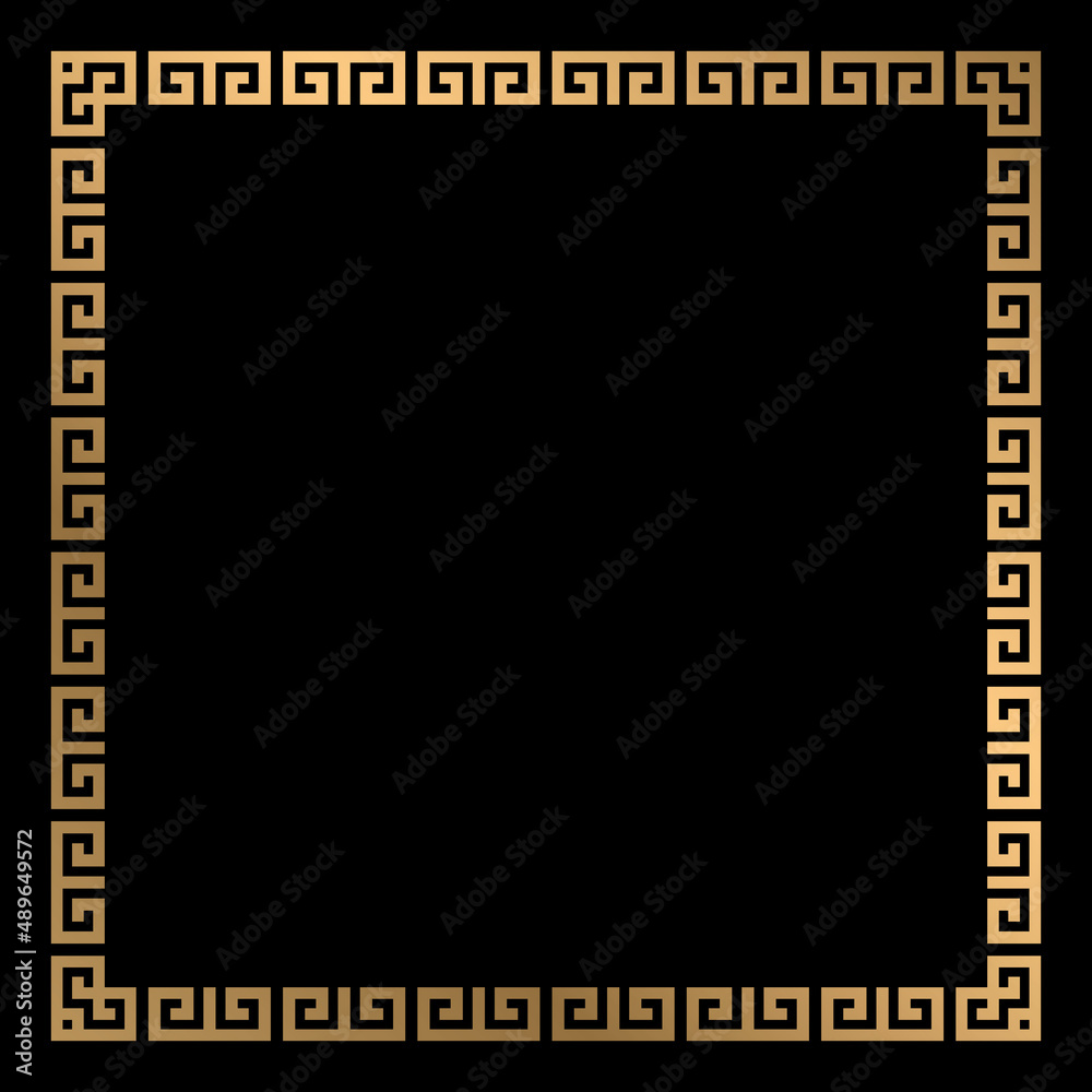 Greek key square frame isolated on black background. Elegant golden ...