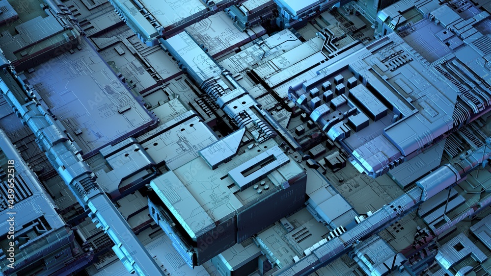 Abstract metallic circuit board design. Futuristic technology background with complex shapes. 3D ...