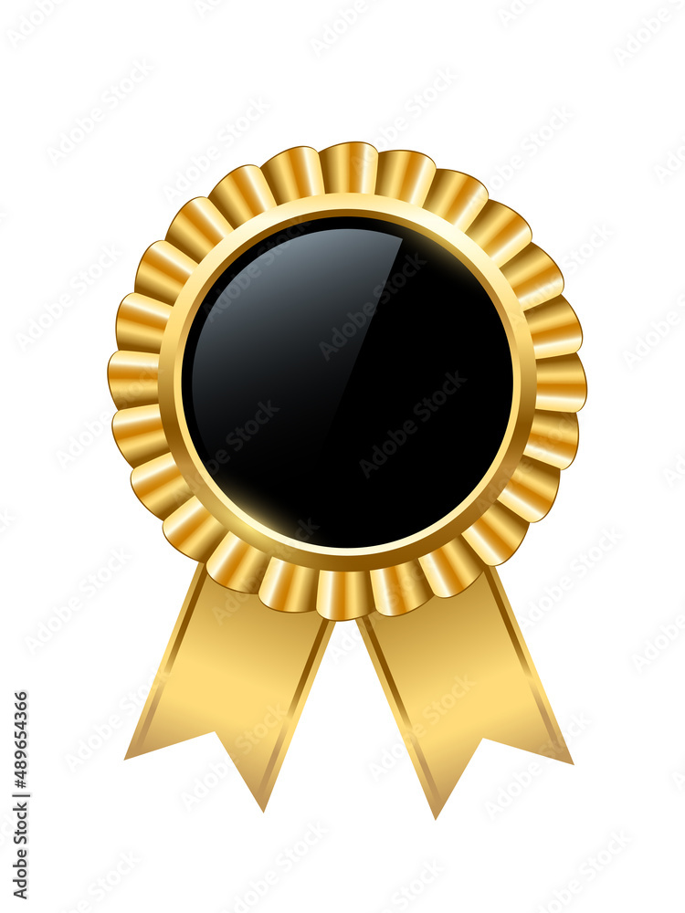 Gold award badge with ribbon and black button, 3d realistic circle ...