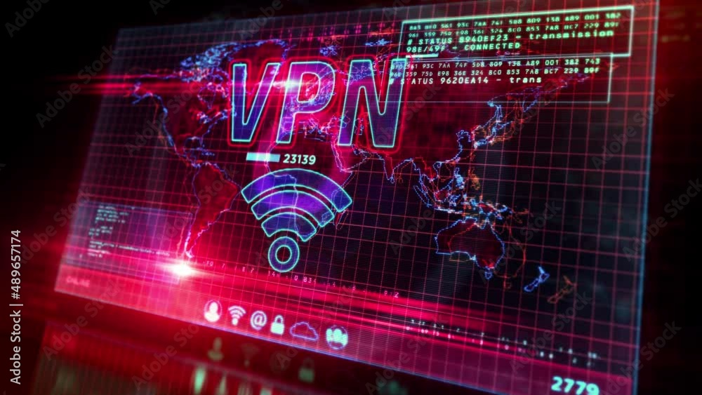 VPN on computer screen loop. Virtual private network and encrypted link ...