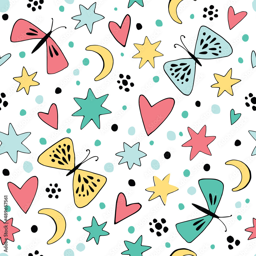 Seamless background with butterflies, hearts and stars. Stock Vector ...