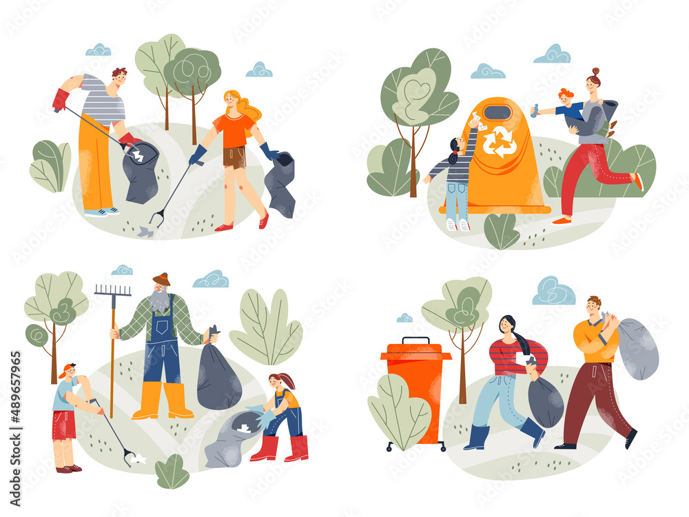 People cleaning environment set, collecting garbage in containers with ...