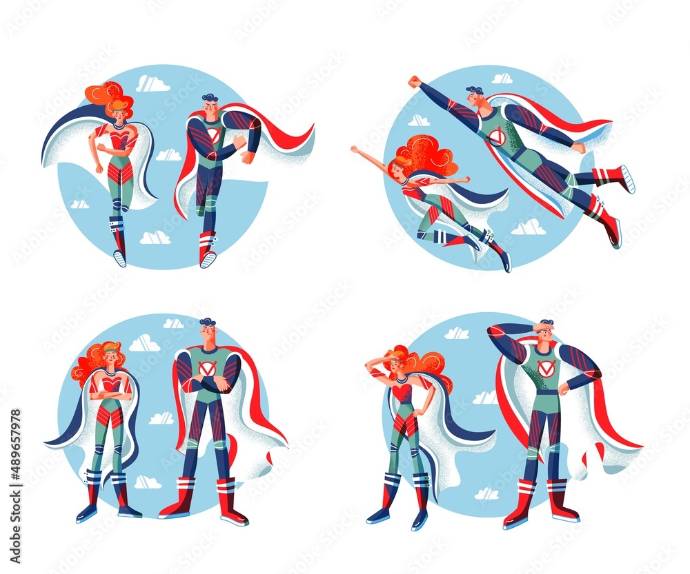 Superhero in costumes set. Cartoon comic heros with capes vector ...