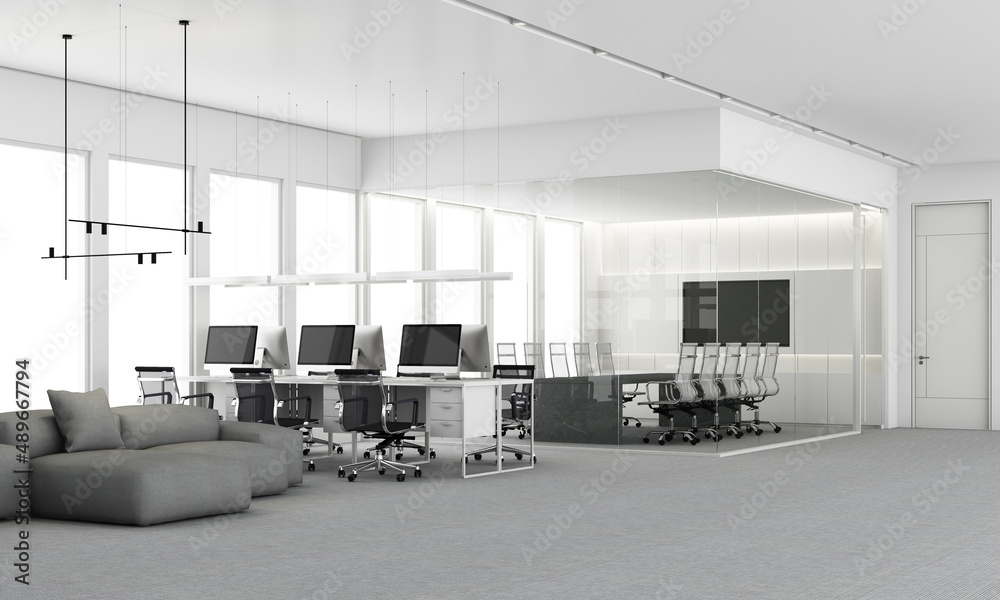 Contemporary spacious office room interior with city view and daylight ...