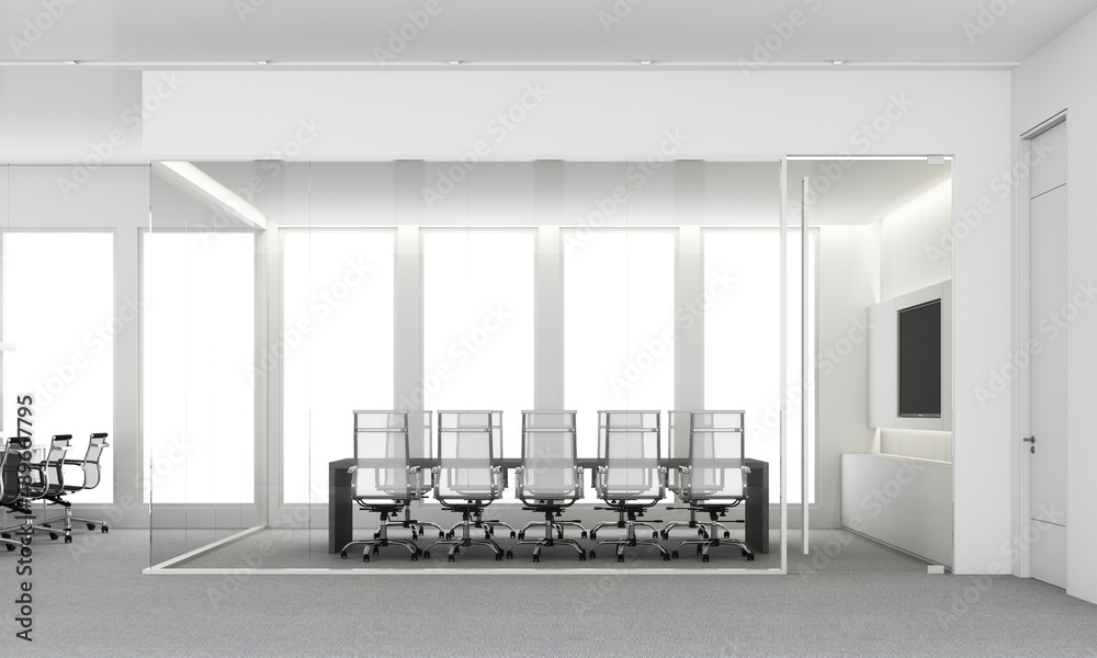 Contemporary spacious office room interior with city view and daylight ...