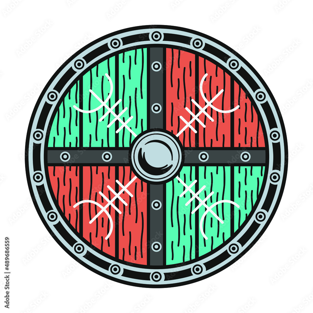 Wooden colored round Viking shield with runic symbols and iron border ...