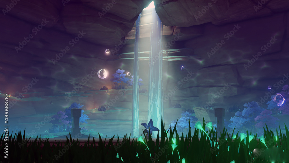 Underground glowing waterfall in Genshin Impact, light penetrates ...