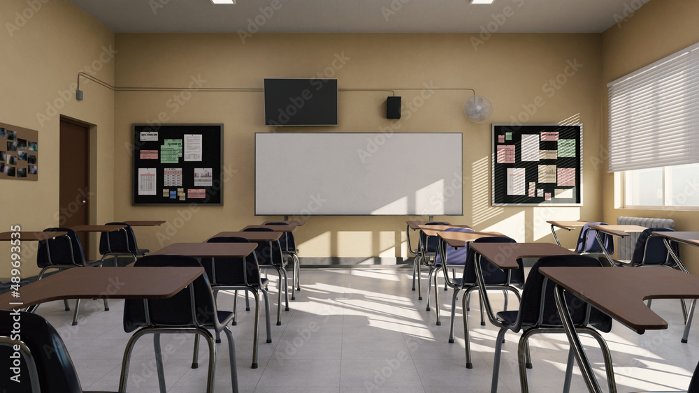 School classroom with daylight, 3d rendered classroom image Stock ...