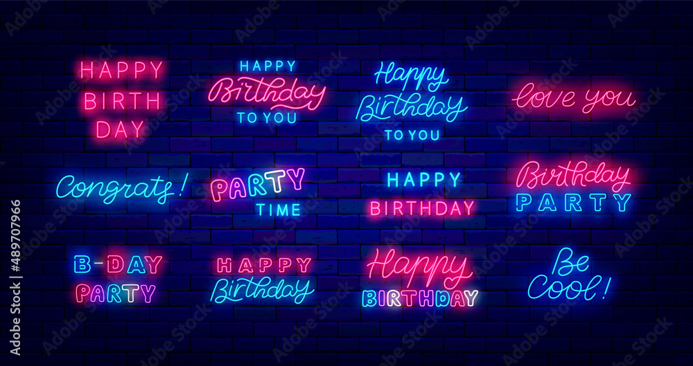 Happy Birthday neon lettering collection. Shiny calligraphy greeeting ...