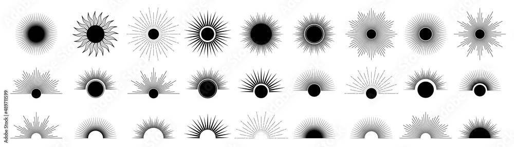 Hand drawn set of Sun, sunburst, light rays in line art. Bohemian ...