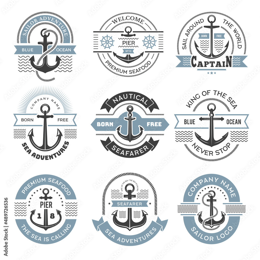 Nautical logo. Marine labels with anchors symbols for ocean exploration ...