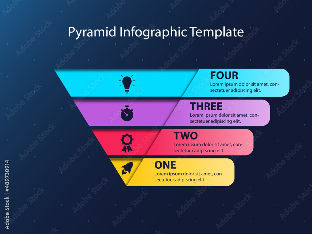 4-layer inverse pyramid or funnel chart in dark design as business ...