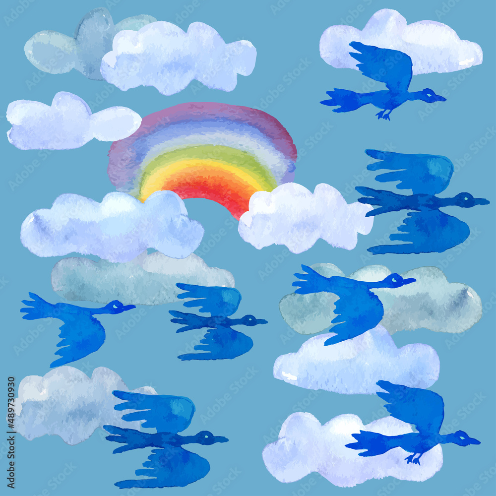 Watercolor vector drawing of flock blue birds flying in sky with light ...