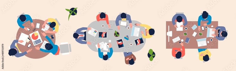 Business meet top view. Meeting table, collaboration of students or ...