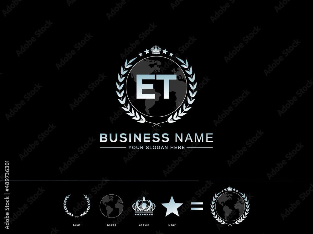 Colorful ET letter logo, circle Leaf Globe Royal Crown and Star Et te ...