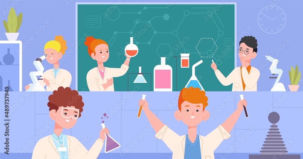 Childrens chemical laboratory. Children in school lab with chemistry ...