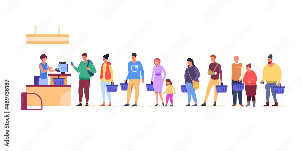 Queue store customers. Standing people at counter cashier in ...