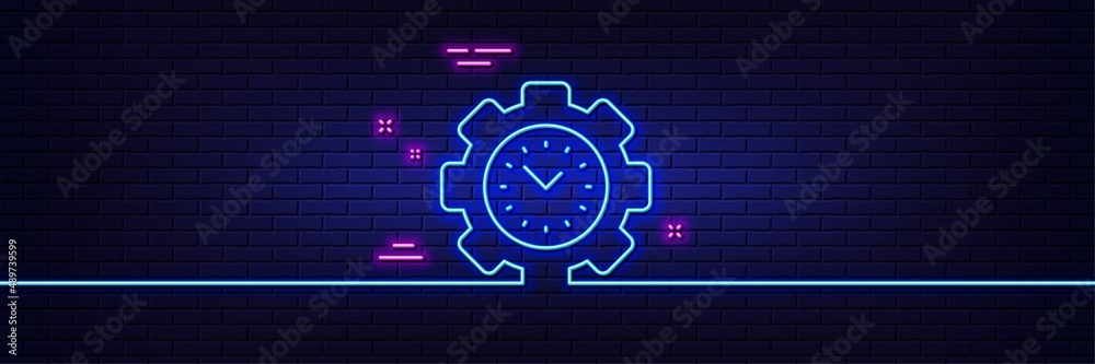 Neon light glow effect. Time management line icon. Clock sign. Gear ...