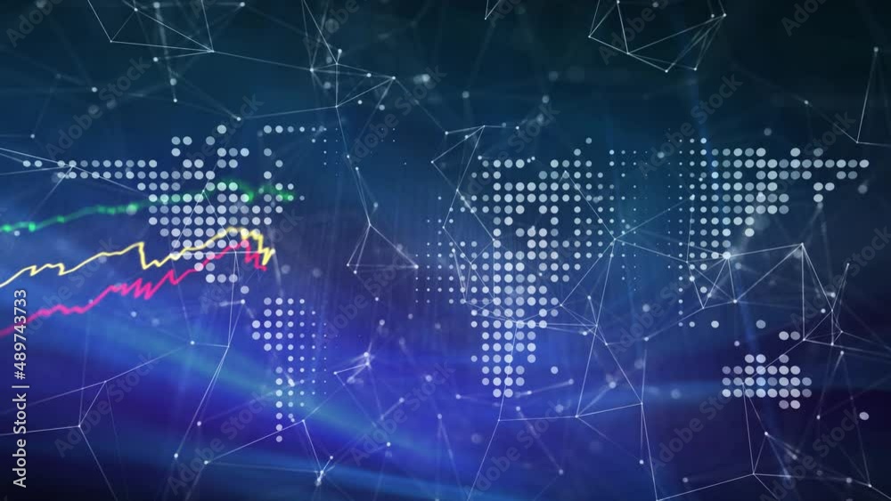 Digital dots world map with colorful graph stocklines on blue network ...