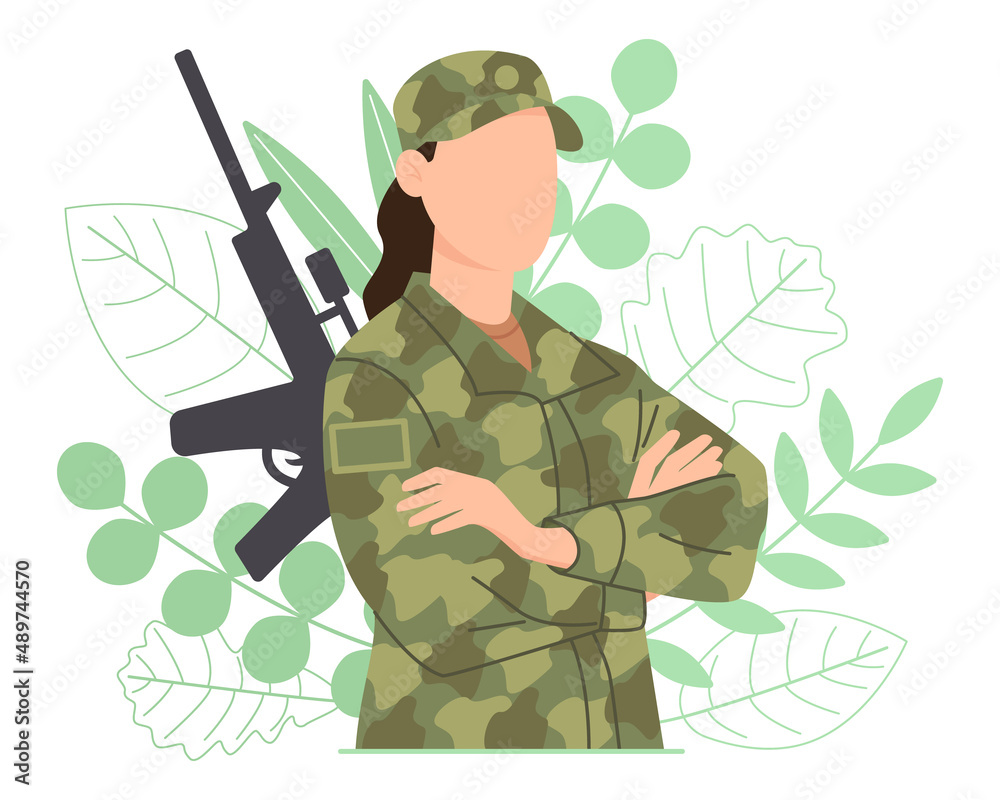 Woman in military clothes on a background of green leaves with a weapon ...