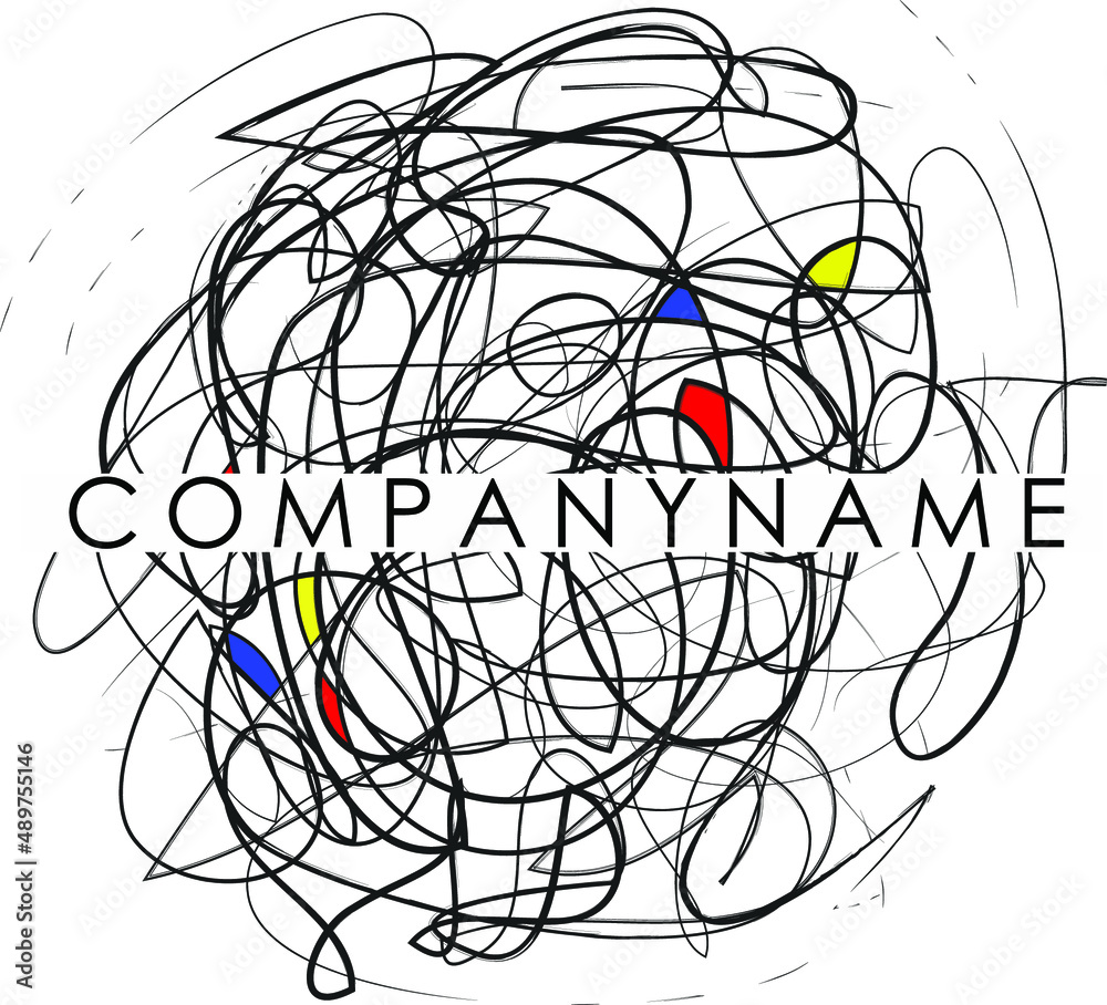 Round scribble logo, style and colors inspired by artist Piet Mondrian ...